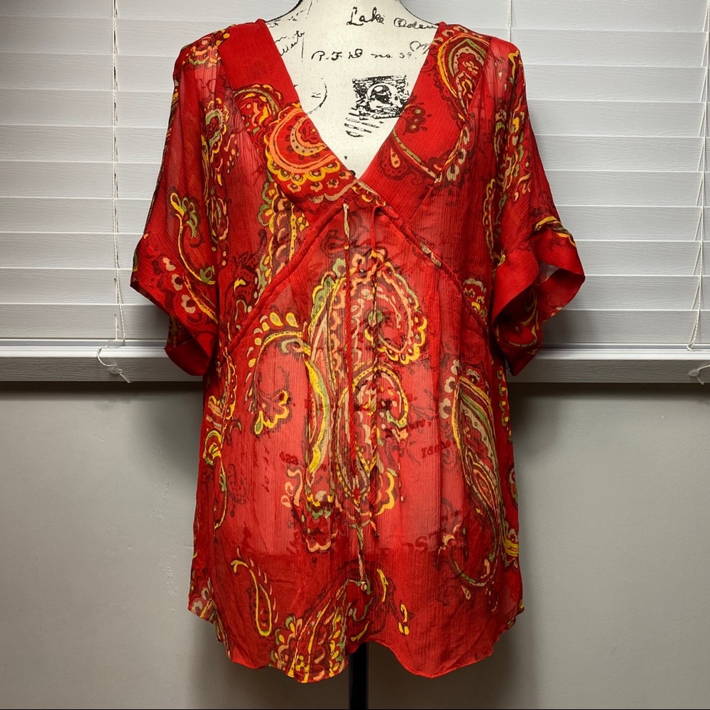 Anne Klein Red Sheer Silk Paisley Empire Blouse - Gem
